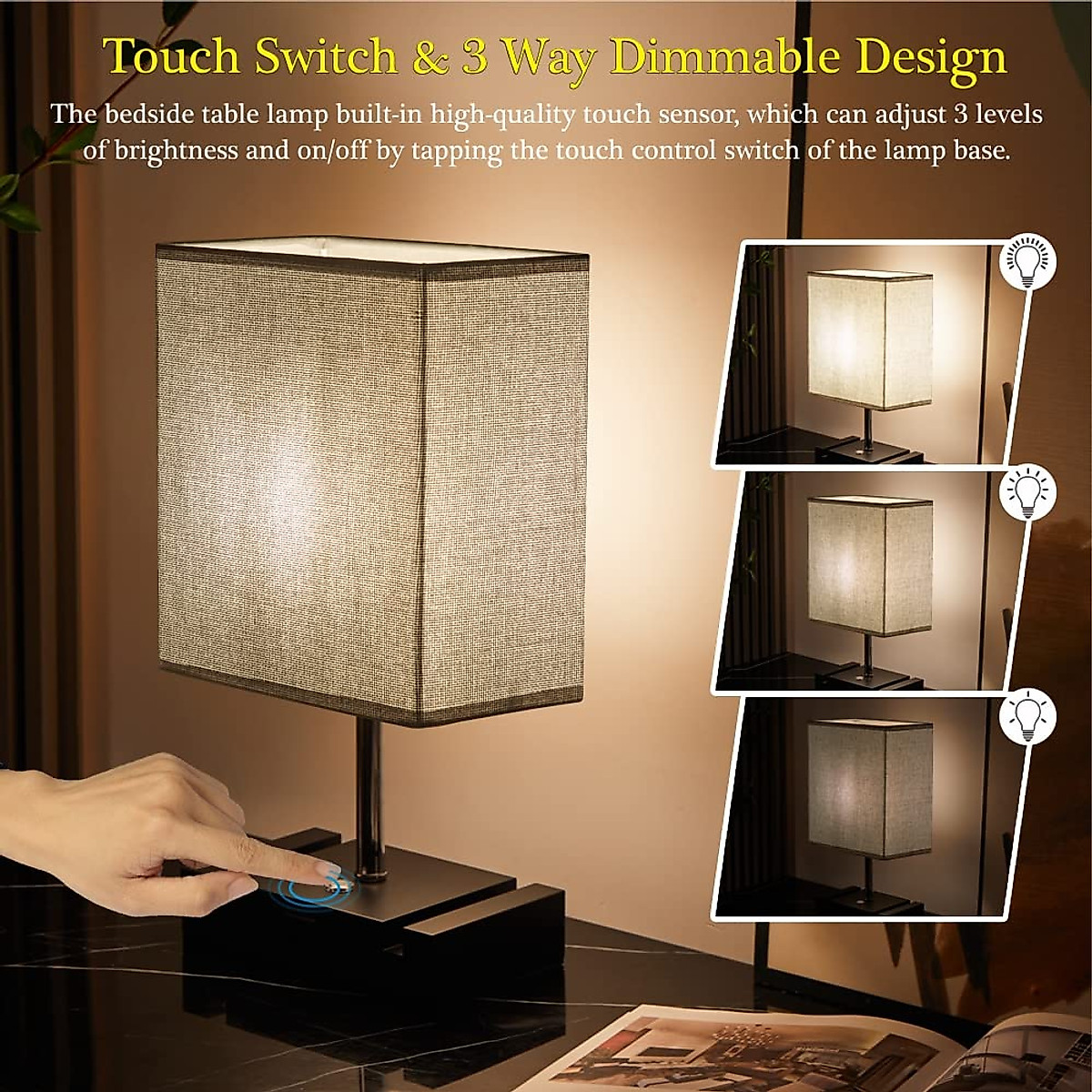 lifeholder Fully Dimmable Table lamp, Lamps with Two Phone Stands and AC Outlet, Bedside Lamp with Two LED Bulb for Bedroom, Living Room,Study(Set of 2) Light Grey