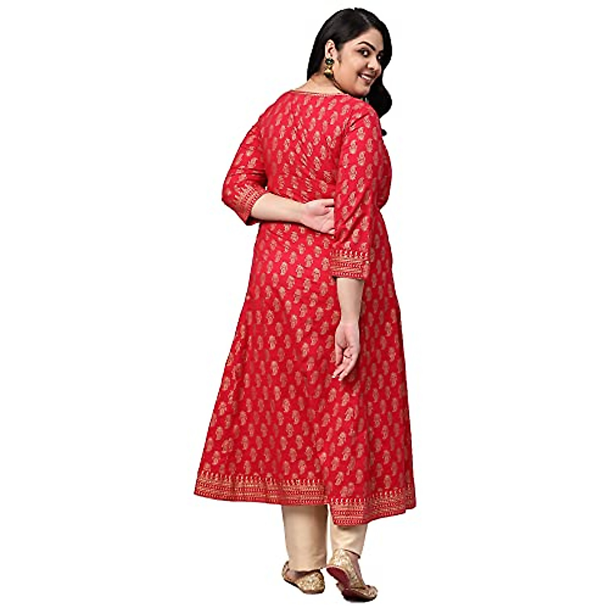 Yash Gallery Plus Size Cotton Gold Printed Anarkali Kurtis for Women (Red)