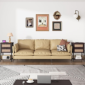 End Table with Charging Station, 2 Tier Rattan Decorated Nightstand with USB Ports and Outlets, Bedside Table with Drawer, Modern Sofa Side Table for Bedroom, Living Room, Office, Cherry Red