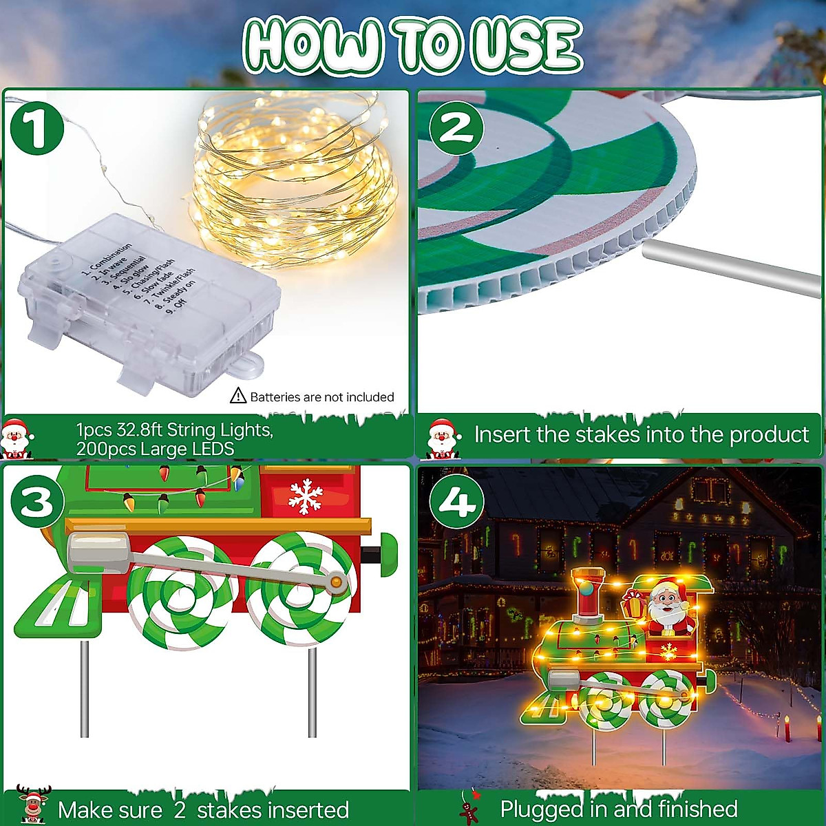 DONSAJI Christmas Train Yard Signs with 200 LED Lights - Xmas Tree Santa Gingerbread Snowman Train Set Lawn Signs with Metal Stakes for Holiday Lawn Garden Yard Outdoor Christmas Decorations, 4 Pack