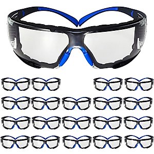 3M Safety Glasses for Men and Women, SecureFit 400, 20 Pack, ANSI Z87 Eye Protection, Scotchgard Anti-Fog Anti-Scratch Clear Lens, Blue/Gray Frame, Removable Foam Gasket, Flexible Temples