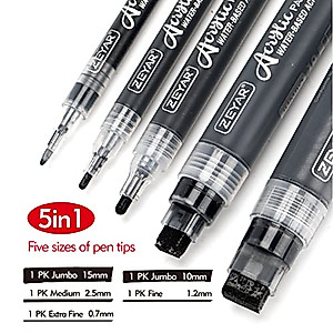 ZEYAR Acrylic Paint Marker Pens, 5 Different Point: Extra Jumbo Felt(15mm),Jumbo Felt(10mm), Medium Bullet(2-3mm), Fine(1mm), Extra Fine(0.7mm) (5 Black)