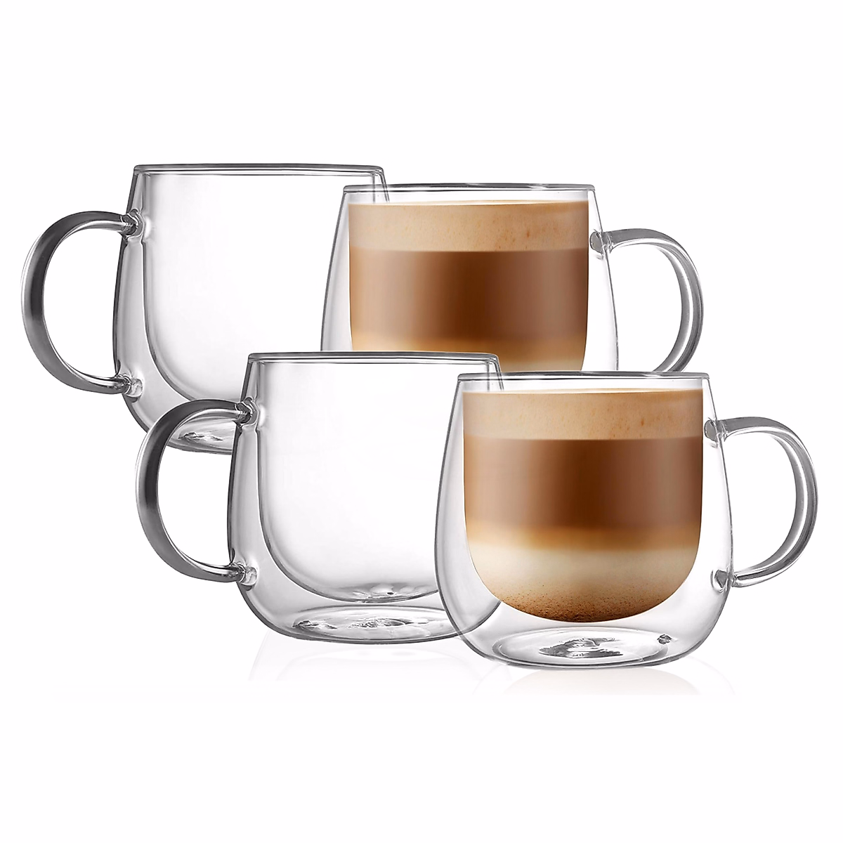 CNGLASS 16oz Double Walled Glass Coffee Mugs(4-pack),Large Clear Coffee Cups with Handle,Glass Espresso Mugs for Latte,Cappuccino,Tea