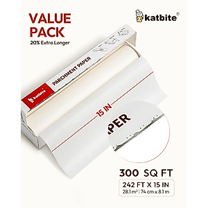 Katbite 15in x 242ft, 300 Sq.Ft Value Pack Parchment Paper Roll for Baking, Parchment Baking Paper with Serrated Cutter, Heavy Duty & Value Pack Parchment Roll for Cooking, Air Fryer, Steaming, Bread