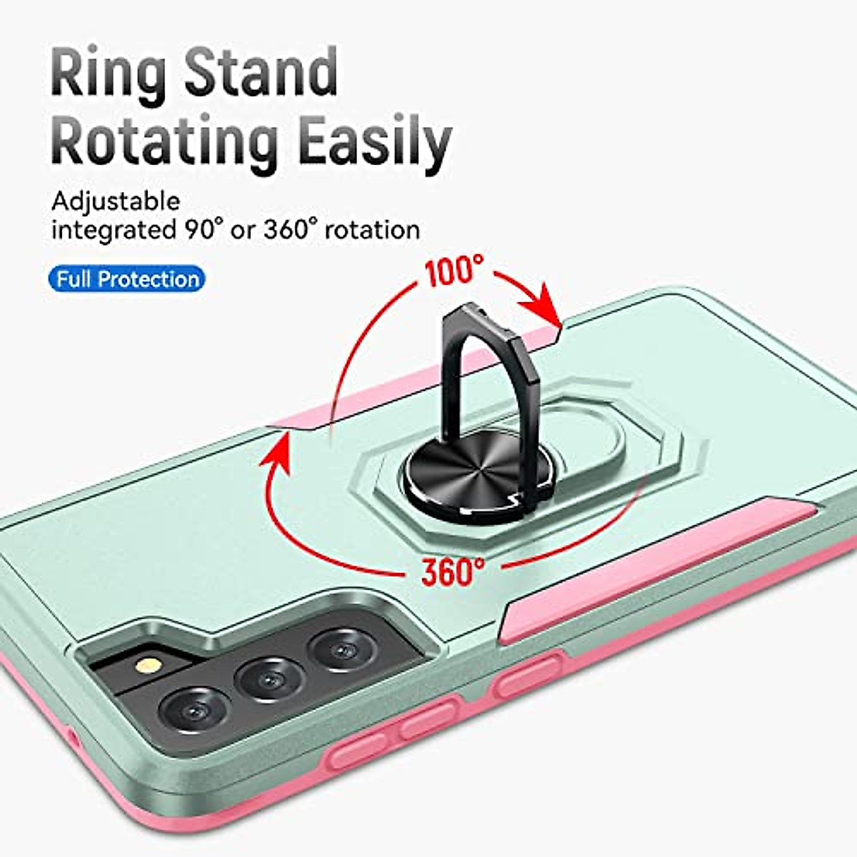 KSELF Galaxy S21 5G Case: Military-Grade Shockproof, Tempered Glass Protector, Ring Kickstand (Green & Pink)