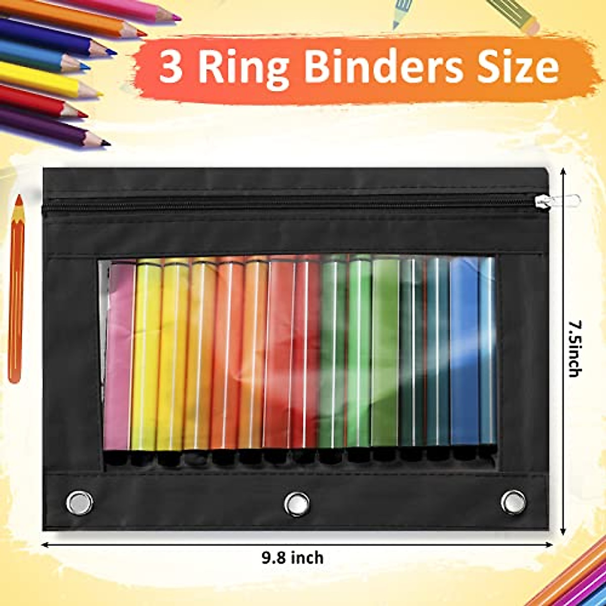 Marspark 48 Pieces 3 Ring Pencil Pouch Bag Bulk Zipper Pouches for 3 Ring Binder with Clear Window for Pencil Cases Office Supplies(Black)