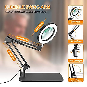 Magnifying Glass with Light and Stand, EOOKU 2-in-1 Magnifying Lamp & Clamp, 5X & 10X Magnifier 3 Color Modes Stepless Dimmable, Adjustable Swing Arm for Repair Crafts Soldering