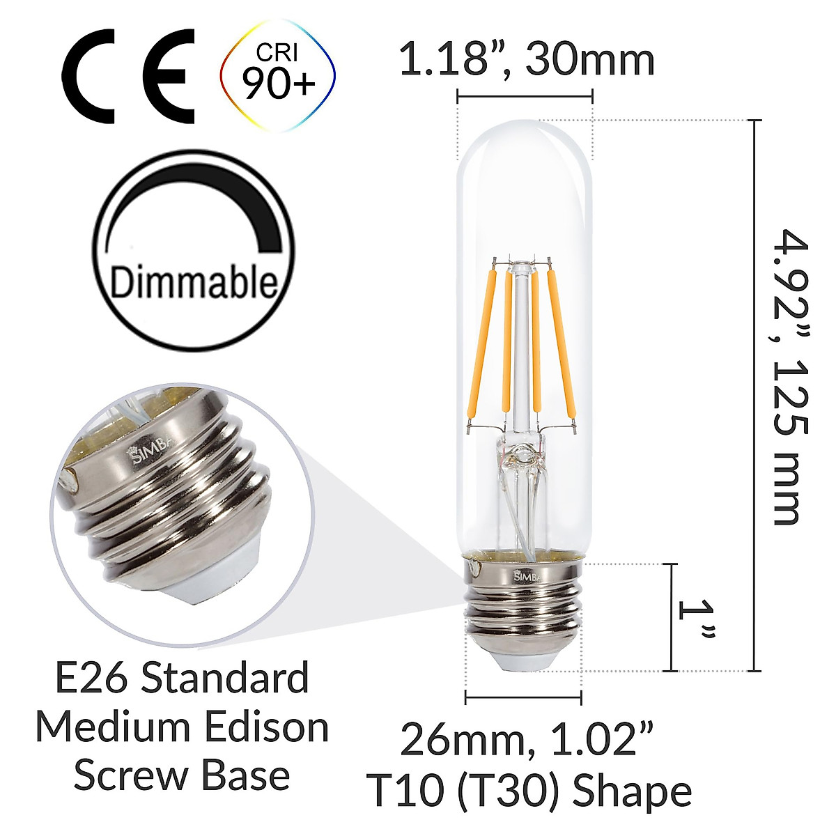 Simba Lighting LED T10 Tubular Edison Filament Light Bulbs (3 Pack) 4W Dimmable 40W Equivalent 120V for Cabinet Display, Piano Lamps, Clear Glass Decorative, Standard Medium E26 Base, Warm White 2700K