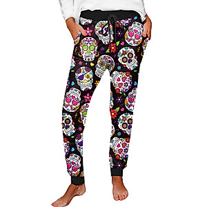Women Halloween Sugar Skull Pajama Pants Day of The Dead Long Cotton Ankle Drawstring Joggers S
