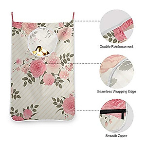 Hanging Laundry Bag Pink Flowers Door Hanging Laundry Hamper with Stainless Steel Hooks Wall Laundry Nook with Adhesive Hooks 1 PC