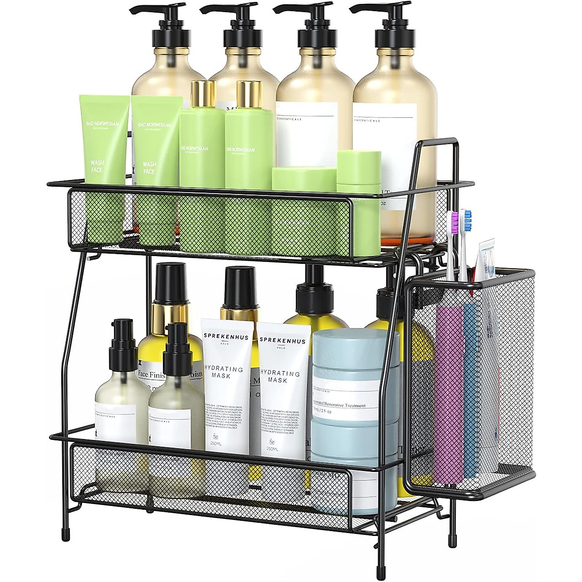 Bathroom Organizer with Basket, 2-Tier Bathroom Countertop Storage Shelf, Bathroom Counter Organizer, Skincare Organizer and Storage Kitchen Counter Organizers Spice Rack(Black)