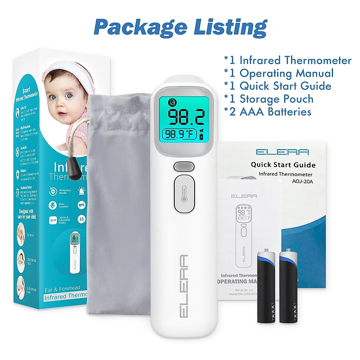 Elera Ear Thermometer for Kids, Baby Thermometer with Forehead and Ear Mode for Adults, Infant, Kids and Toddler, Touchless and 1 Second Reading with Fever Alarm and Mute Function, LCD