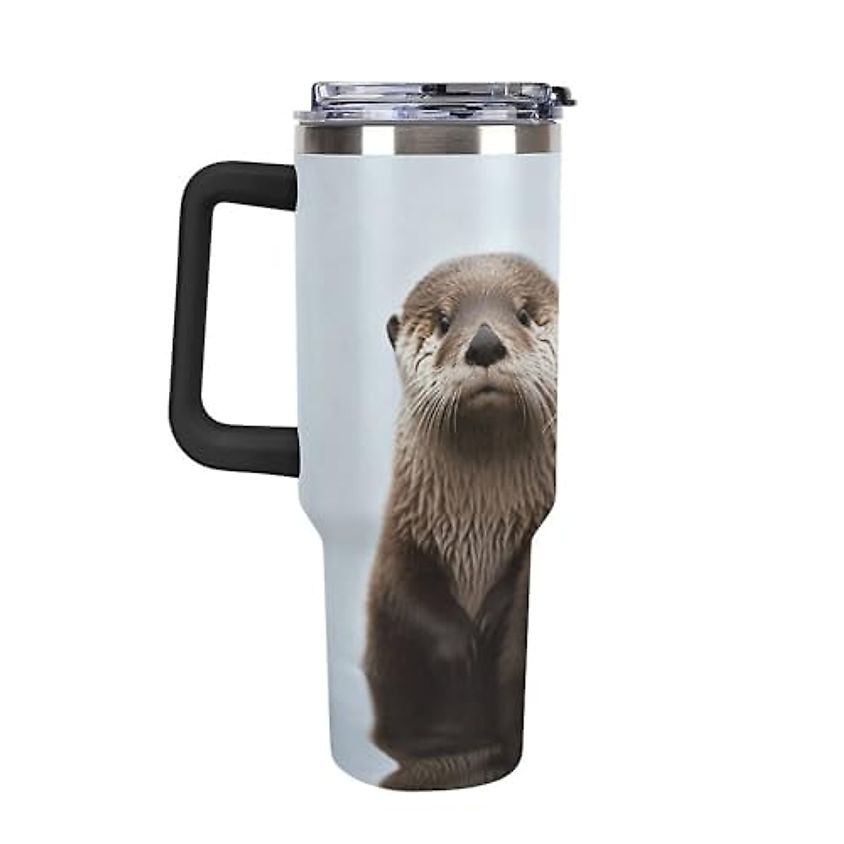 LLUTSNTH 40 Oz Vacuum Tumbler with Black Handle Leakproof Insulated Tumbler Cute Otter Stainless Steel Travel Mug with Lid And Straw Coffee Cup Cute Water Bottles Cup Holder Friendly