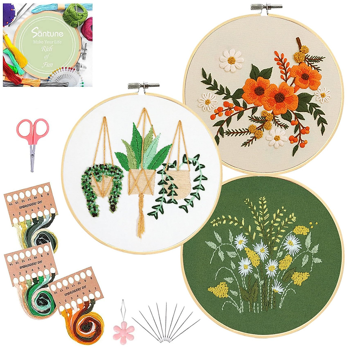 Santune 3 Sets Embroidery Starter Kit with Pattern and Instructions, Cross Stitch Set, Stamped Embroidery Kits with 3 Embroidery Clothes with Pattern, 1 Embroidery Hoops