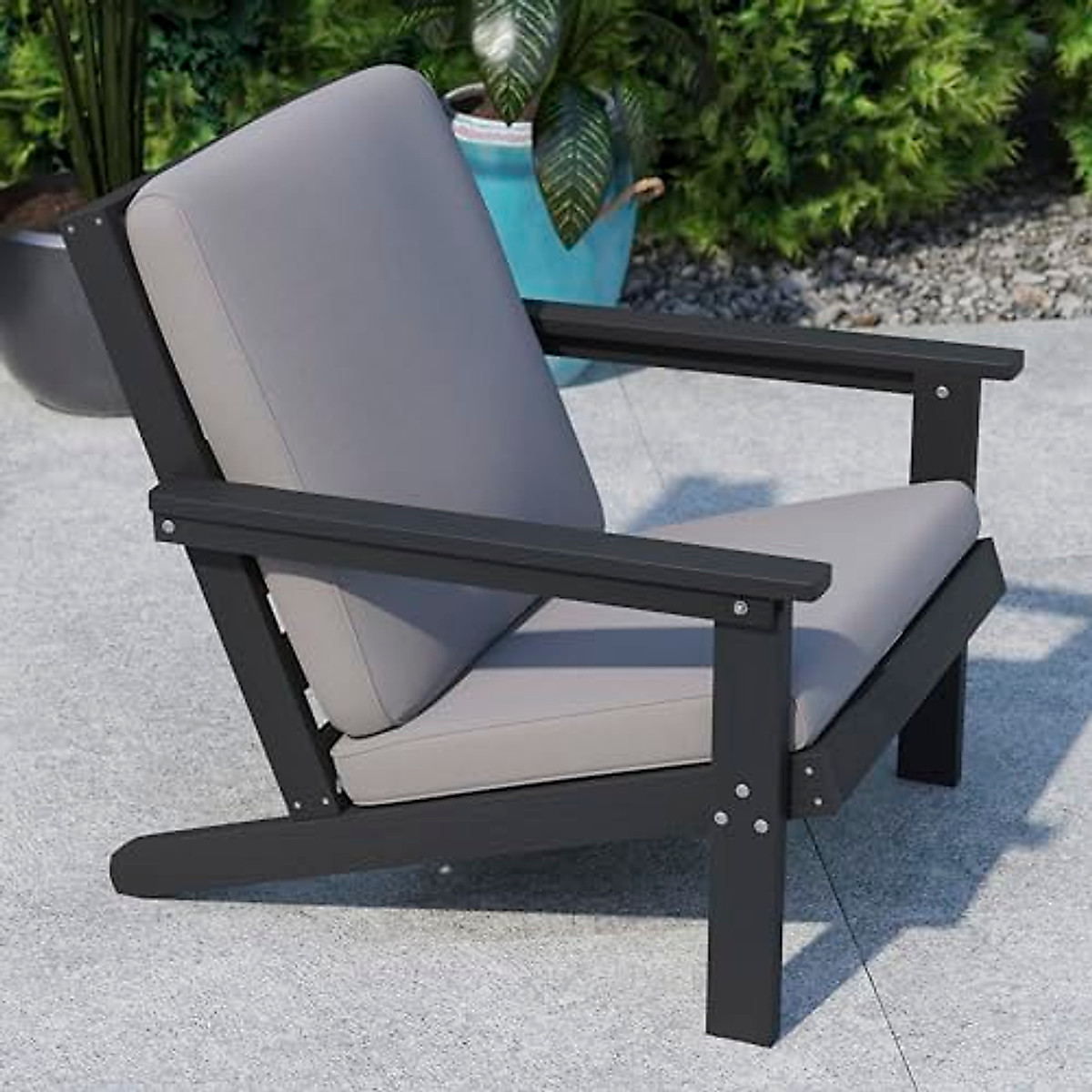 BizChair Adirondack Style Deep Seat Patio Club Chair with Cushions - Black Poly Resin Frame - Cream All-Weather Cushions - Indoor/Outdoor