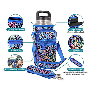 AJLTPA Water Bottle Holder with Adjustable Padded Shoulder Strap and 2 Pockets, Water Bottle Sleeve Carrier Compatible with YETI Rambler 36 oz Bottle & 40oz Hydro Flask and More (Blue Floral)