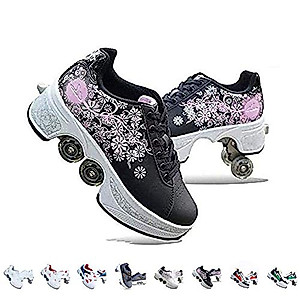 Roller Skates for Women,Shoes with Wheels for Girls/Boys,Men Outdoor Skates,Quad Skates for Kids,2 in 1 Double Line Skates/Kick Rollers Shoes for Adults,Parkour Deformed Shoes Unisex,Black2-7US