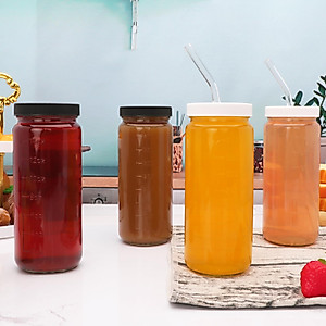 Encheng 16 oz Glass Juice Bottles with Lids,9 Pack Reusable Drinking Jars with Lids and Straws,Clear Round Smoothies Cup for Juicing,Kombucha,Water,Milk,Travel