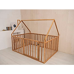 BUSYWOOD Montessori Playpen for Toddlers - Kids Play Pen Bed with Roof - High Rails Toddler Playpen - Floor Playpen Bed for Kids - Montessori Bedroom Furniture (Model 21)