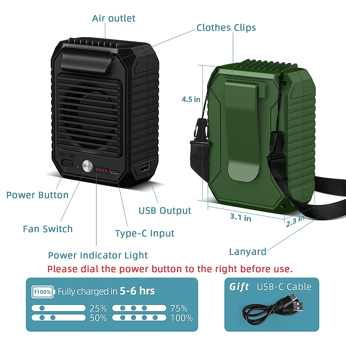 CIVPOWER Portable Waist Clip Fan, 10000mAh Battery Personal Hands-free Belt Fan, 3 Speeds, Body Fan for Outdoor Works, Farm, Hiking, Camping, Gardening, Travel