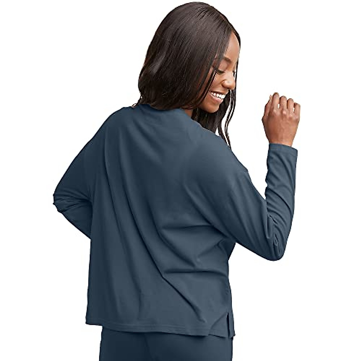 Hanes Comfortblend Originals V-Neck Long Sleeve T-Shirt, Cotton Tees for Women, Raw Edge V-Neckline, Trekking Grey, Medium