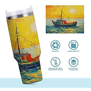 RPLIFE Boat Sunset Oil Painting Style 40oz Tumbler with Handle, Stainless Steel Tumbler with Straw, Tumbler for Men