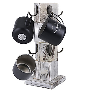 LIERONE 8 Hooks Coffee Mug Holder for Counter Rustic Solid Wood Mug Tree Farmhouse Wooden Coffee Cup Rack Distressed Mug Stand (White)