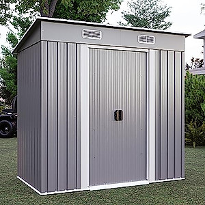 Evedy Sheds & Outdoor Storage, 6'x 6' FT Outdoor Metal Storage Shed, Sliding Doors and Window, Sun Protection, Waterproof Tool Storage Shed for Backyard, Patio, Lawn (Wood Grain & Coffee)