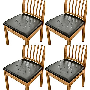HAOYONG Chair Seat Covers Set of 4 PU Chair Covers for Dining Room Chair Covers Waterproof Chair Cushion Cover Kitchen Dining Seat Slipcovers Removable Upholstered Chair Protector Slipcover(Black)