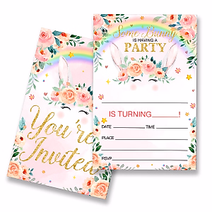 EUDOSI Rainbow Bunny Birthday Party Invitations Supplies Fill-In Set of 20 with Envelopes Floral Bunny Birthday Invites Cards, Double Sided