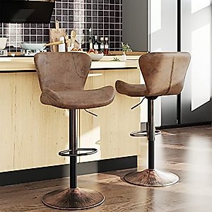 Keyluv Bar Stools Set of 2 Adjustable Swivel Counter Height Barstools Bar Chairs with Backrest and Metal Frame Modern PU Leather Barstool Chairs for Kitchen Bistro Pub, Retro Brown