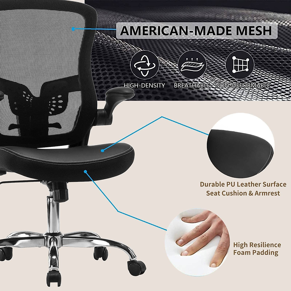 Mesh Office Chair Ergonomic -Adjustable Height, Desk Chair with Wheels Mesh Computer Desk Chair with Flip-up Arms PU Leather Task Chair 300lbs