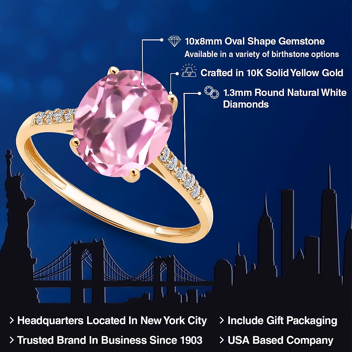 Gem Stone King 10K Yellow Gold 10X8MM Oval Gemstone Birthstone & White Diamond Engagement Ring | Yellow Gold Ring For Women | Available in Size 5-9