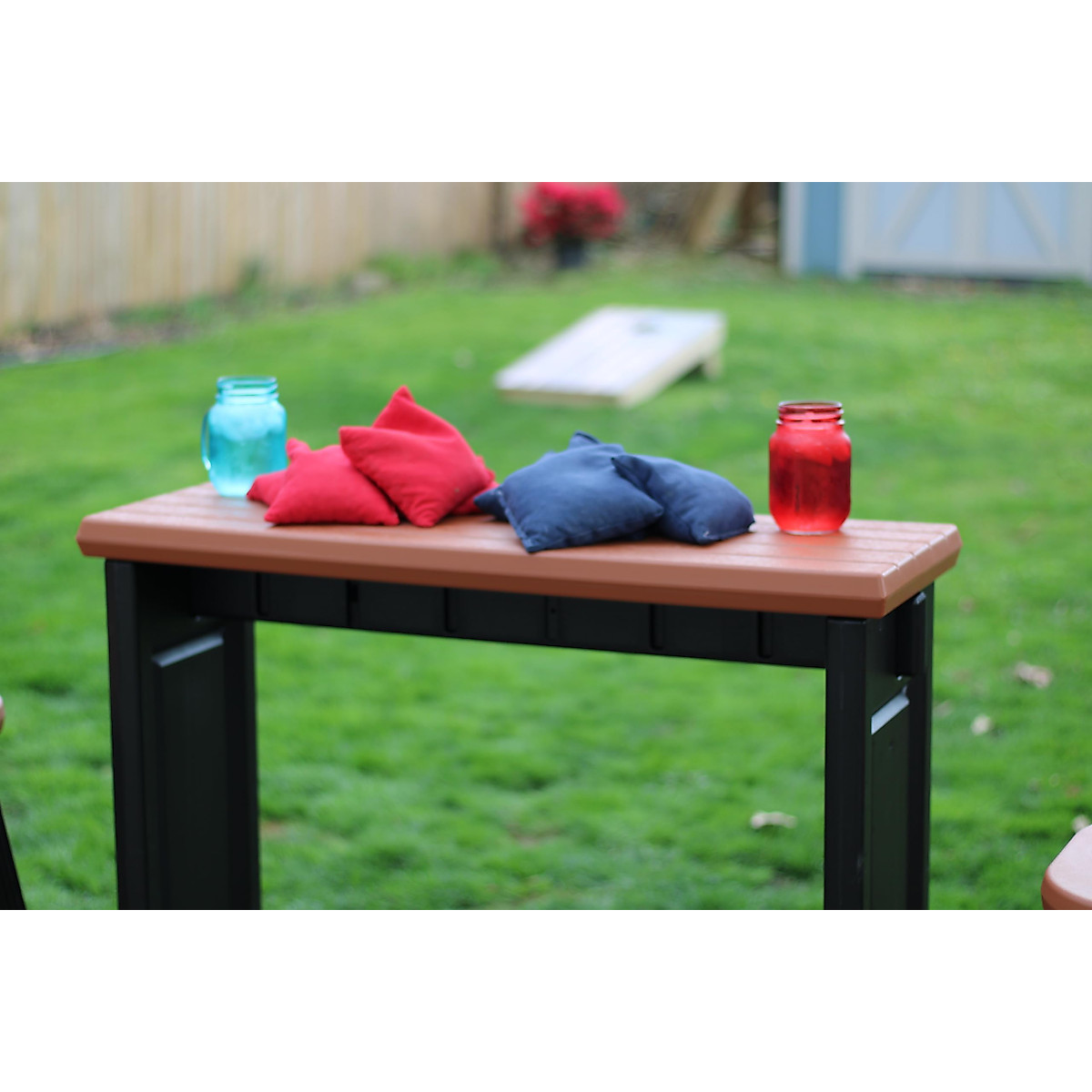 Leisure Accents Single Bar Set Includes 2 Barstools Redwood Top & Black Base Ideal for Patio Hot Tub Area Backyard Durable WeatherResistant Design Easy Nohardware Assembly Proudly Made in USA