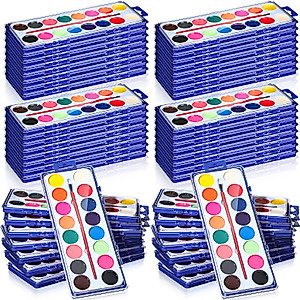 Jexine 48 Pieces Watercolor Paint Sets for Valentine's Day Gifts 16 Washable Water Color Paints Washable Bulk with Paintbrushes for Valentine School Classroom Birthday Gift Art Party Favors