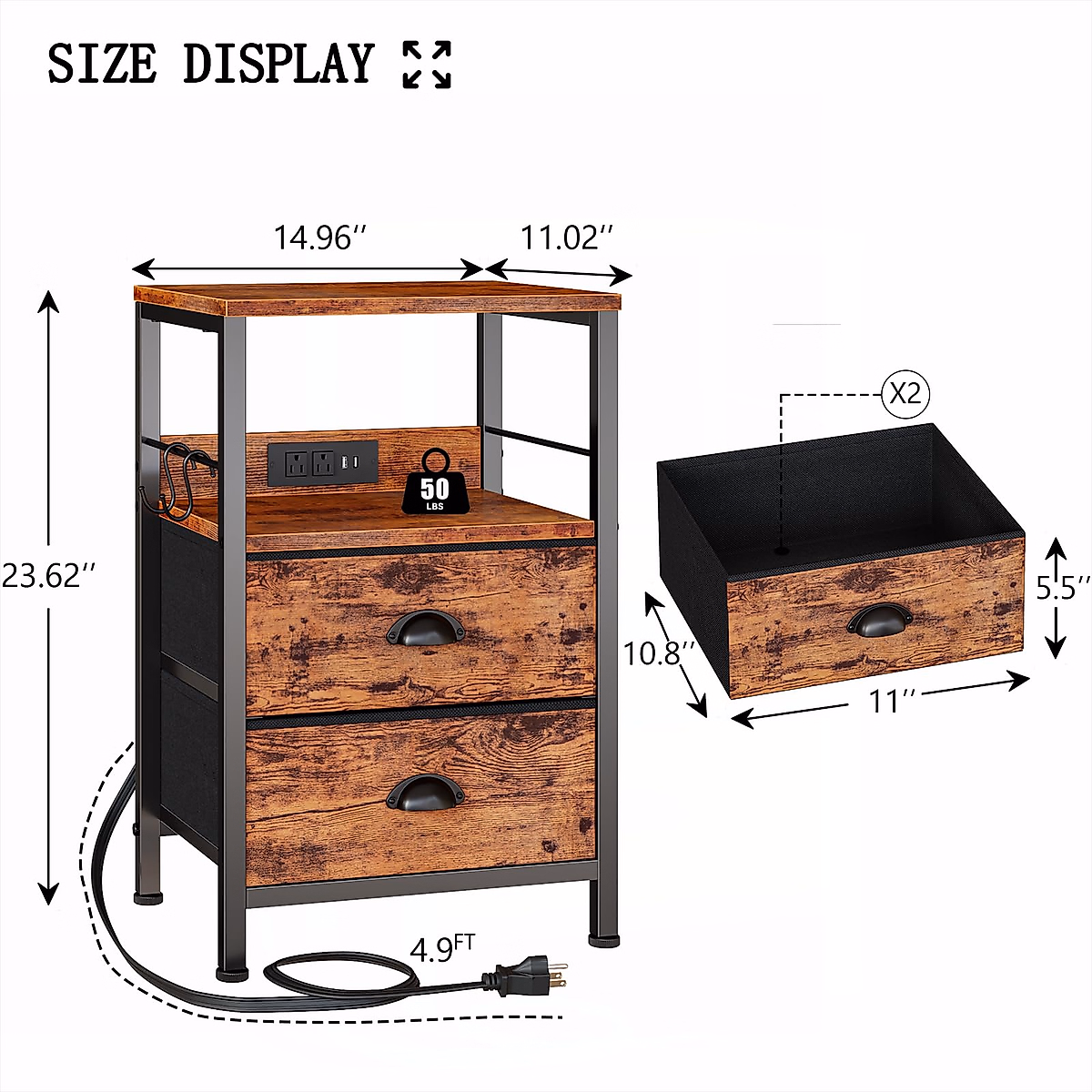 Furologee End Table with Charging Station, Nightstand with Fabric Drawers, Side Table with USB Ports & Outlets, Night Stand with Storage Shelf & Hooks, for Living Room/Bedroom, Rustic Brown