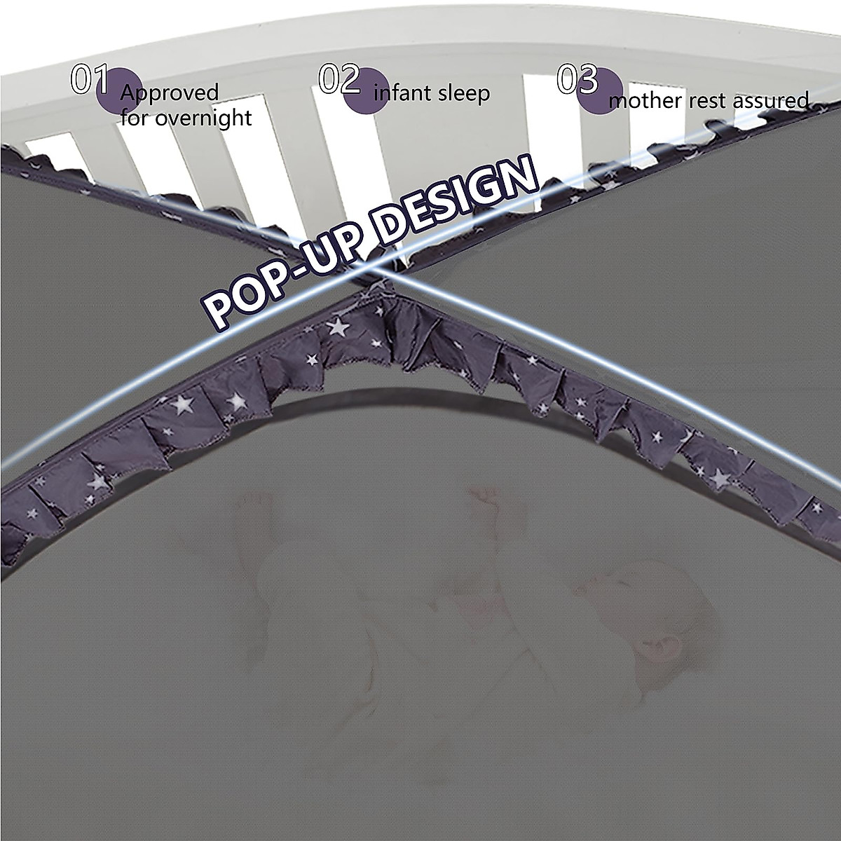 ZXPLO Baby Safety Crib Tent Infant Pop up Mosquito Net Nursery Bed Canopy Netting Cover - Keep Baby from Climbing Out with Hanging Diaper Storage Bag (Dark Gray)