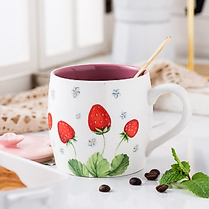 KEYIGOU 13.5oz Cute Strawberry Ceramic Coffee Mug with Lid Gold Spoon Tea Cup Cute Mugs for Women Friend Colleague Boss Gifts
