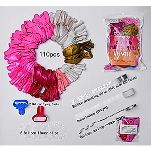 Pink Party Balloons 110 Pcs 12in Hot Pink & Gold Metallic Balloons Pearlescent Balloons Arch &Decorating Strip+Balloon Tying Tools+Points Stickers+Flower Clips+Silver Ribbons,Wedding, Shower, Party
