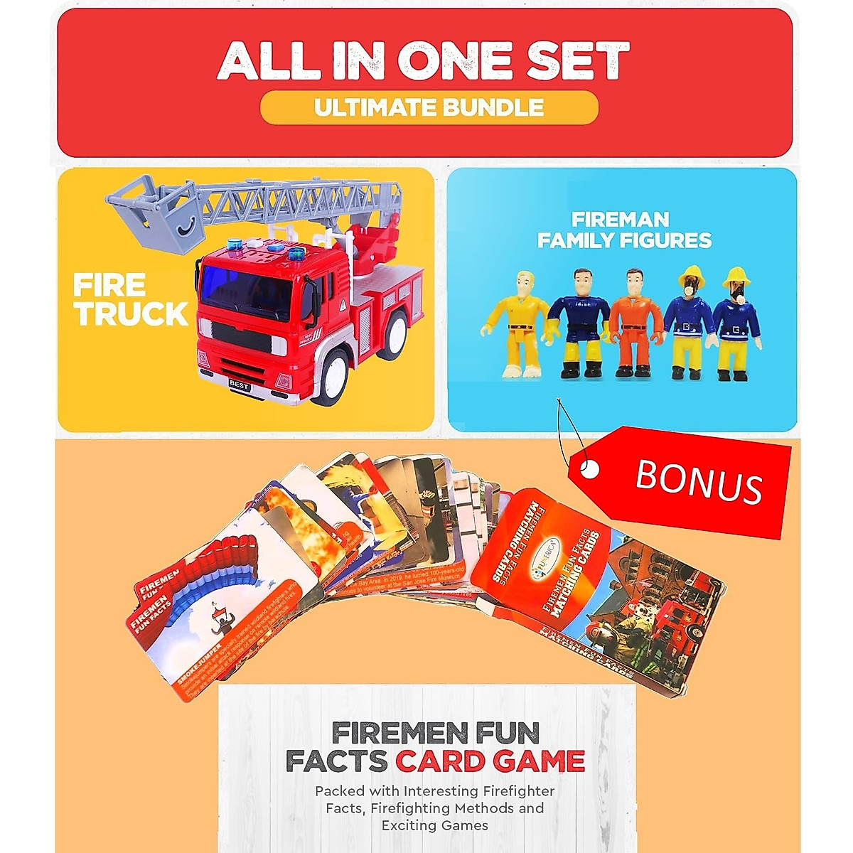 FUNERICA Compact Fire Truck Toy Set with Fireman Play Figures - Lights and Sounds, Friction Wheels - Perfect Firetruck Toys for 3 Year Old Boys and Toddlers