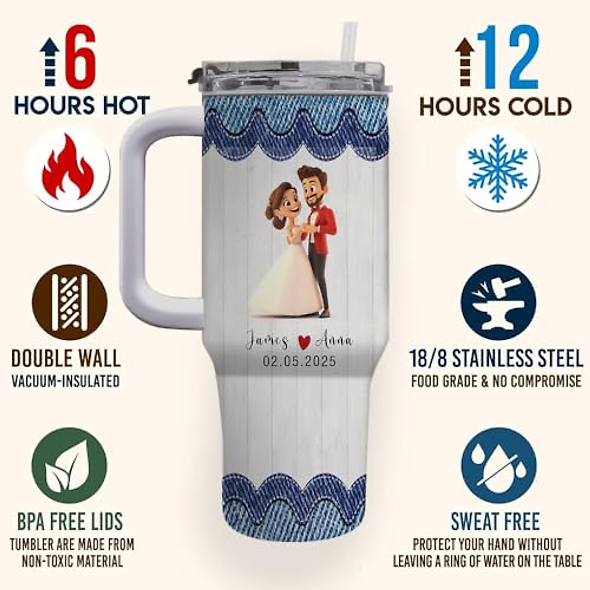 Custom 40oz Tumbler with Handle – couples' cooking class-Personalized Couple Gift for Anniversary Wedding Gift, Birthday, Mother's Day, Valentine’s Day PQA7wv