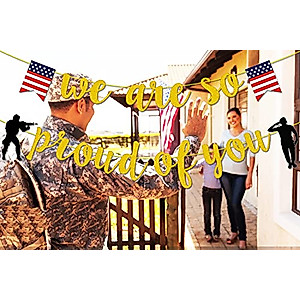 Military Going Away Party Decorations, Gold Glitter We Are So Proud of You Banner, We are So Proud of You American Flag Patriotic Soldier Banner for 4th of July Veterans Day Memorial Day Themed Party Decorations