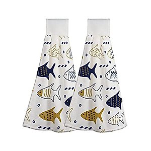 Kitchen Towel-Cute Doodle Colorful Fish-Hand Towels Tie Towel Soft Microfiber Absorbent Washcloth Also for Bathroom Hand Sink Laundry Room RV Tabletop 2pcs