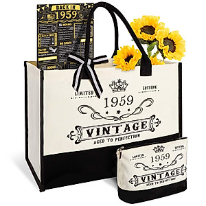 65th Birthday Gifts for Women Canvas Tote Bag Travel Gear, Unique 65 Years Old Birthday Gifts for Mom Wife Aunt Friends Her Turning 65, Vintage 1959 Beach Bag & Cosmetic Bag & Back in 1959 Poster