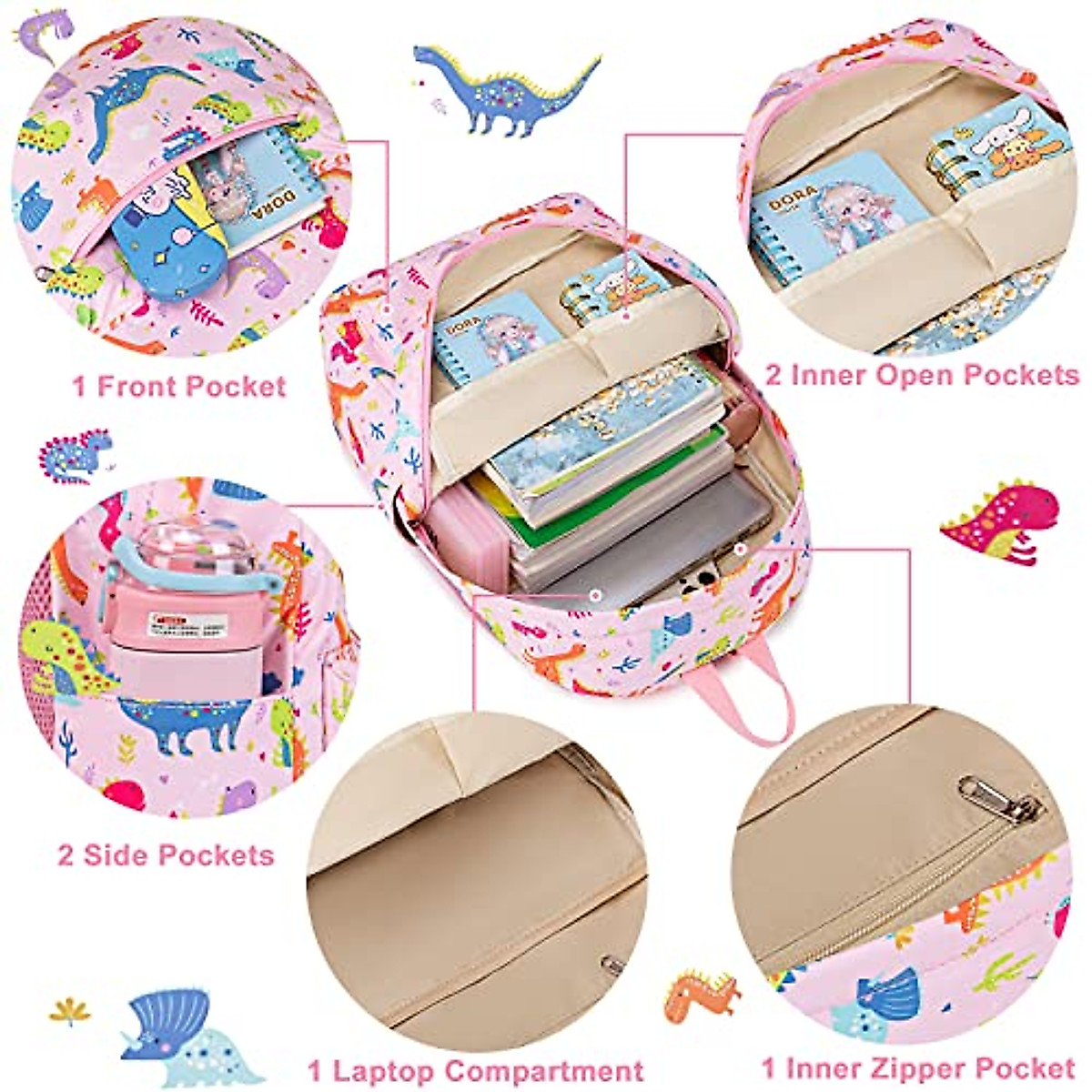CAMTOP Kids Backpack for Girls School Bookbag with Lunch Box Set for Preschool Kindergarten Elementary (Colorful-Dinosaur)