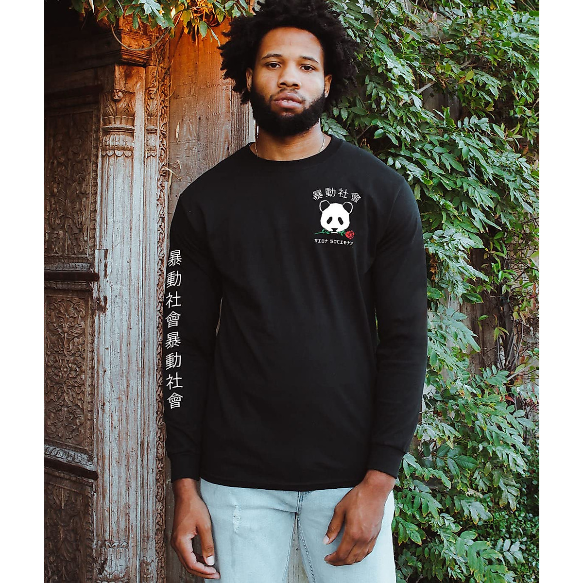 Riot Society Mens Panda Rose Long Sleeve T-Shirt - Black, Large