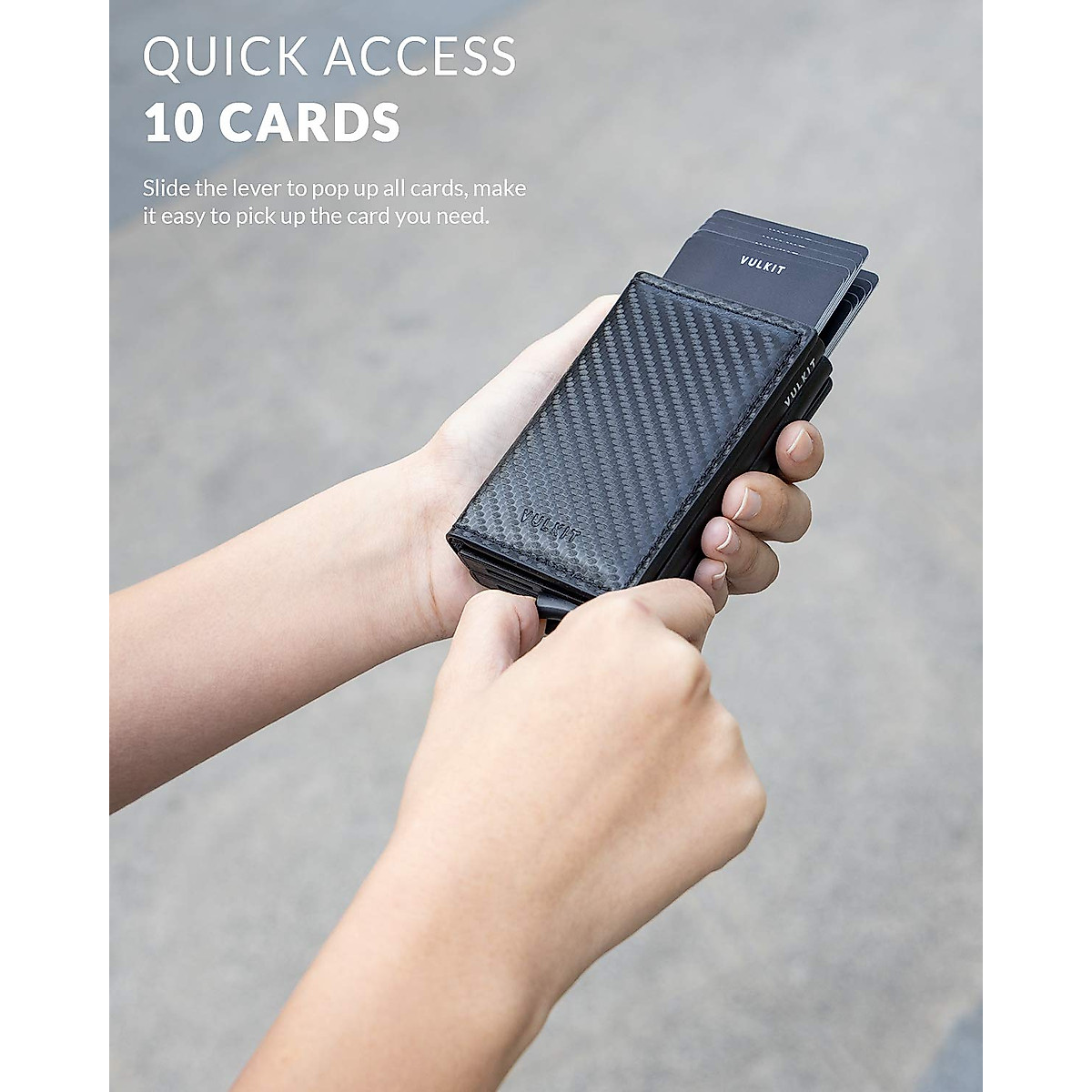 VULKIT Pop Up Wallet Automatic Leather Slim Credit Card Holder RFID Blocking Metal Double Card Case for Men and Women Carbon Fiber Black