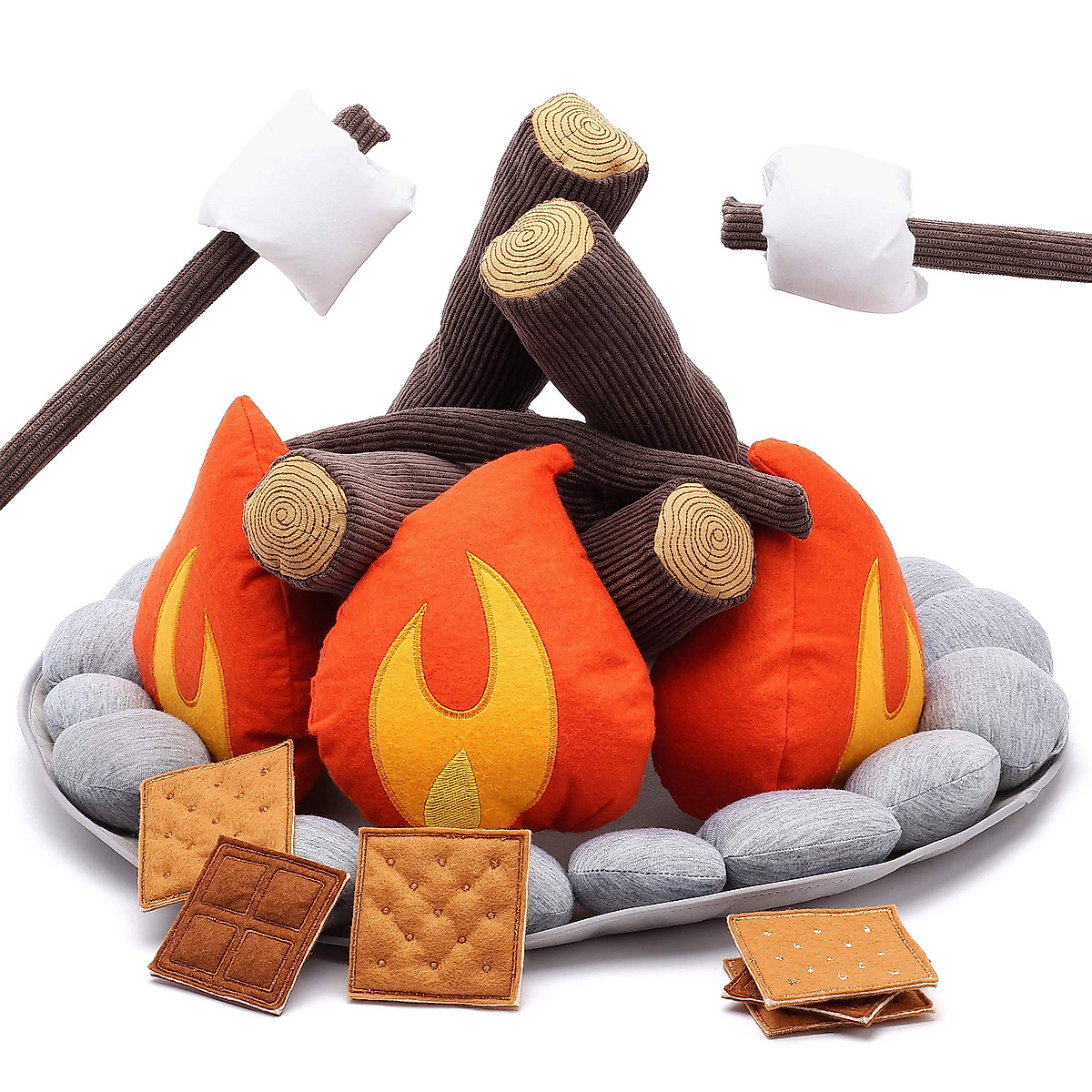 HUNIIHOME Pretend Campfire for Kids - Sensory Play Camping Toy Set with Plush Felt Fake Fire, Logs and Stones with Fake Food Marshmallow and S'Mores - 17 Piece Set