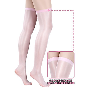 Geyoga 4 Pairs Shiny Thigh High Stockings Halloween Cosplay Sock Shimmery Silk Stockings Sheer Over the Knee Socks for Women (Black, Beige, White, Pink)