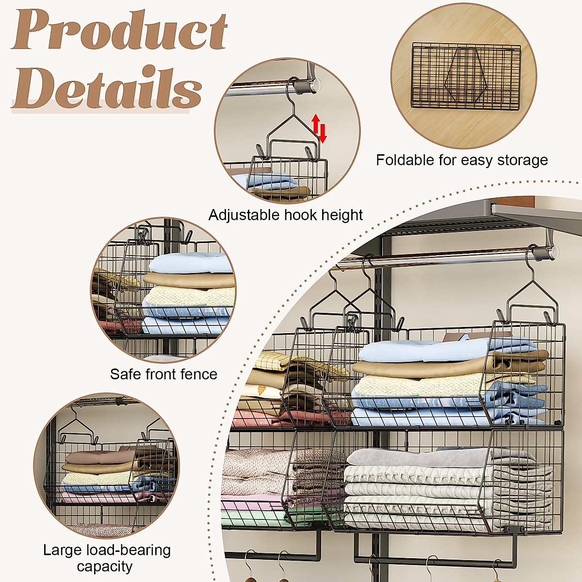 Yociyoga 2 Tier Closet Hanging Organizer with Rod, Foldable Hanging Closet Organizer, Hanging Closet Shelves with 4 Hooks,Wire Hanging Storage Basket Bins for Clothing Sweater Socks Bag Wardrobe Black